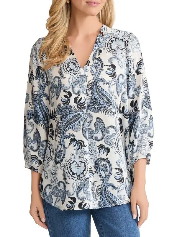 Jones New York Paisley Print Split-neck Blouse - Jones White Multi