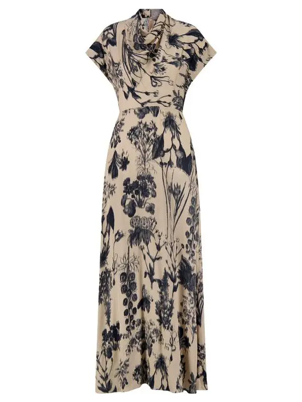 Lela Rose Floral Satin Cowl Neck Dress - Brown