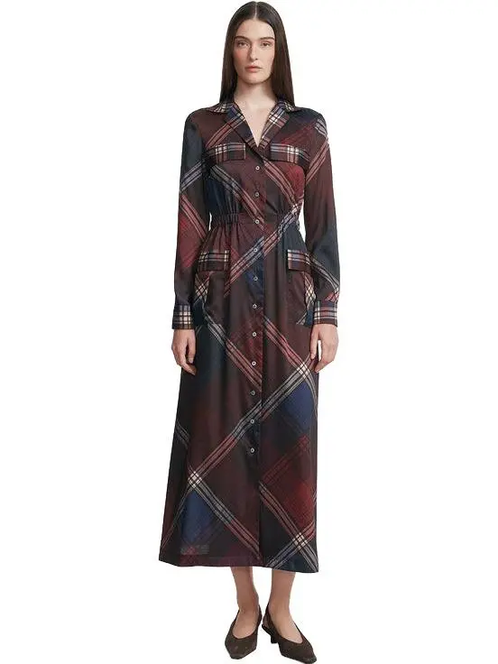 Lela Rose Plaid Satin Maxi Shirtdress - Multicolor / Navy