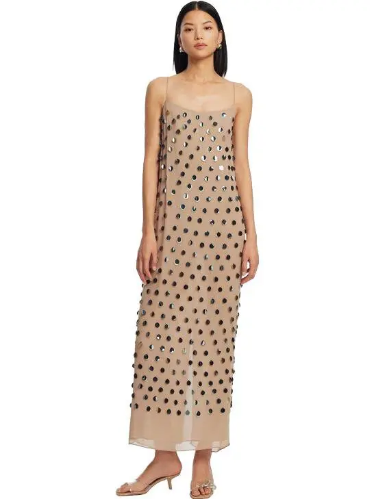 Lela Rose Paillette Embroidered Georgette Slip Dress - Brown