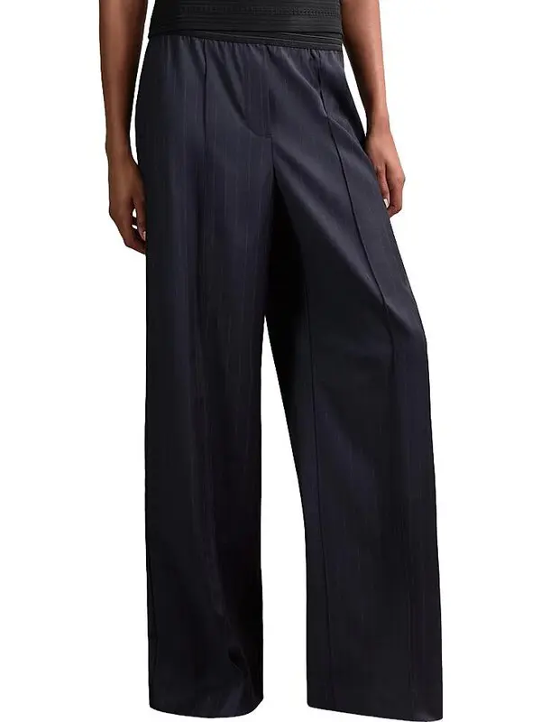 REISS Petite Neave Pinstripe Wide Leg Trousers - Navy