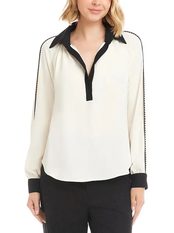 Karen Kane Long Sleeve Colorblock Edge Stitch Top - Cream/ Black