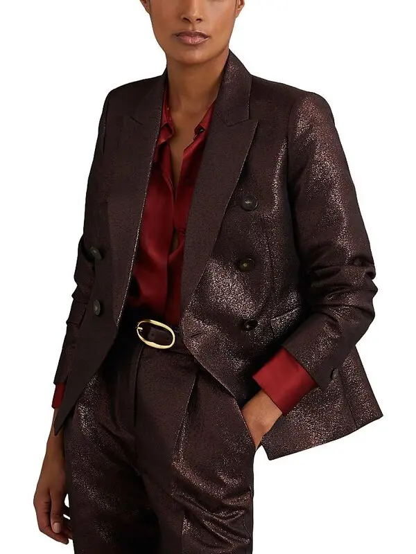 REISS Double Breasted Metallic Blazer - Burgundy