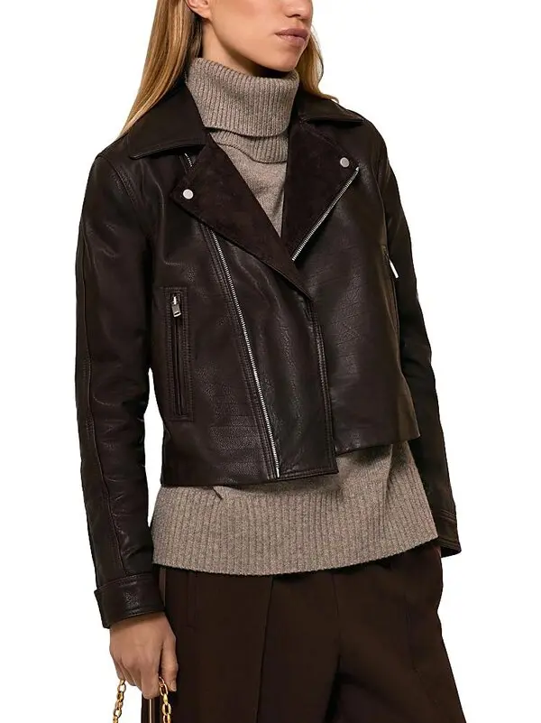 REISS Petite Lidia Leather Biker Jacket - Chocolate