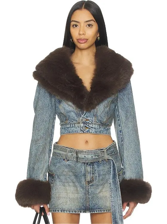 AFRM Low Neck Denim Jacket With Faux Fur - Dusty Tint Wash