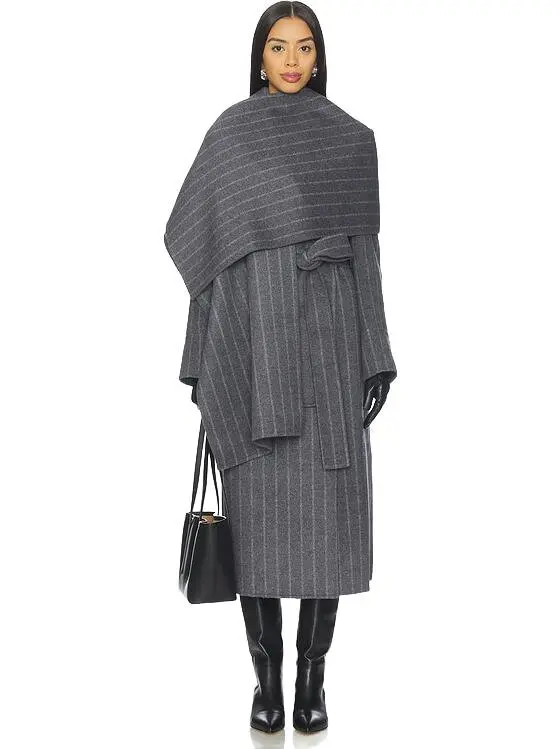 NICHOLAS Candice Scarf Double Wool Long Coat - Charcoal Pinstripe