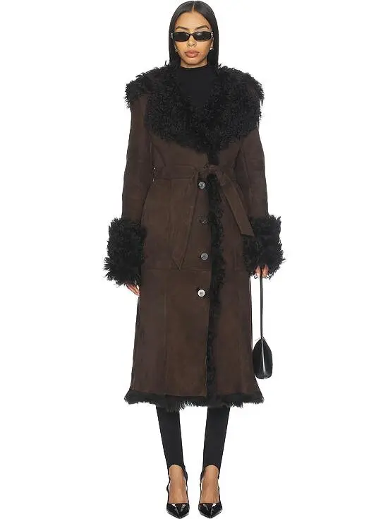 SUSANNA CHOW Daphne Shearling Suede Coat - Espresso