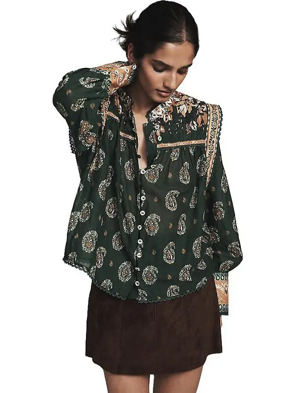 Farm Rio Tayla Long-sleeve Buttondown Blouse - Ayla Green