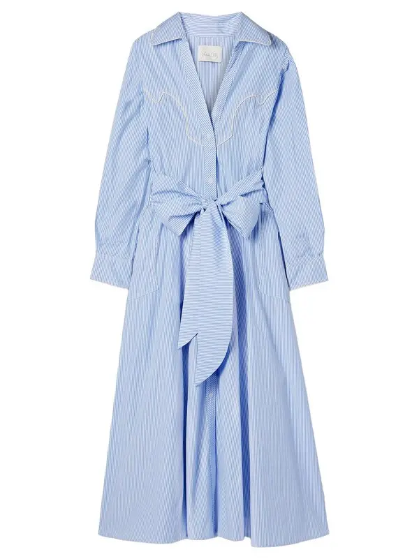 Johanna Ortiz Vela De Cruz Belted Embroidered Striped Poplin Midi Shirt Dress - Blue