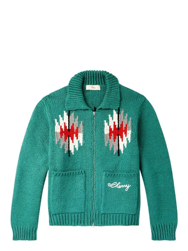 CHERRY LOS ANGELES Embroidered Cotton Zip-up Sweater - Blue