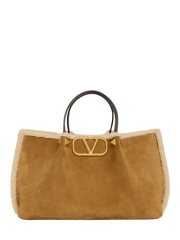 Valentino Garavani Suede Shopping Bag With Shearling Lining - Havana Beige