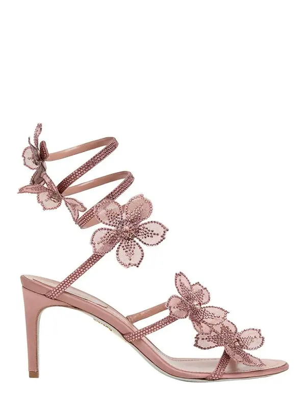 Rene Caovilla 80mm Floraine Crystal Flower Snake Wrap Sandals - Pink