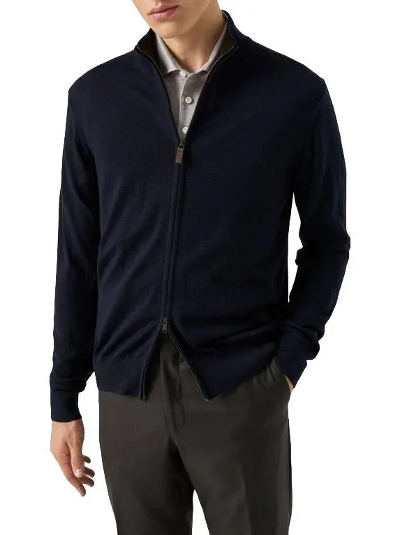 Eton Merino Wool Zip Cardigan - Navy