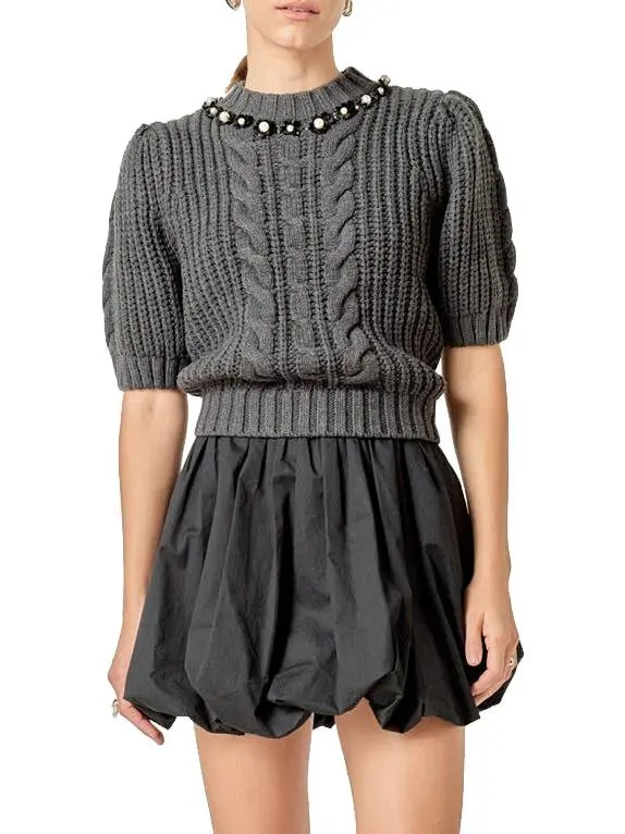English Factory Pearly Bead Cable Knit Sweater - Charcoal