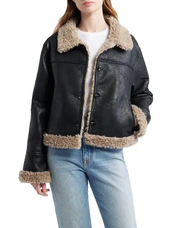 THREAD & SUPPLY Faux Shearling Trim Faux Leather Jacket - Black Taupe