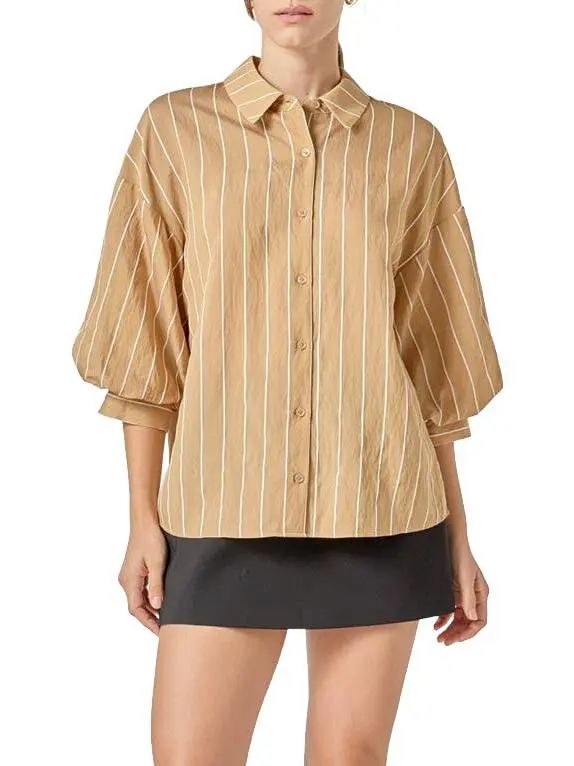 English Factory Striped Balloon Sleeve Shirt - Tan/white