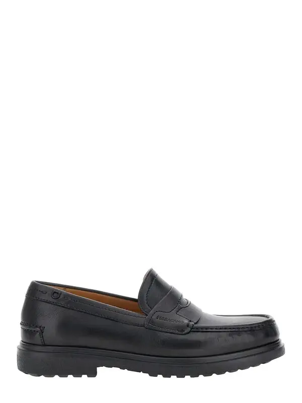 FERRAGAMO Almond Toe Tonal Loafers - Black