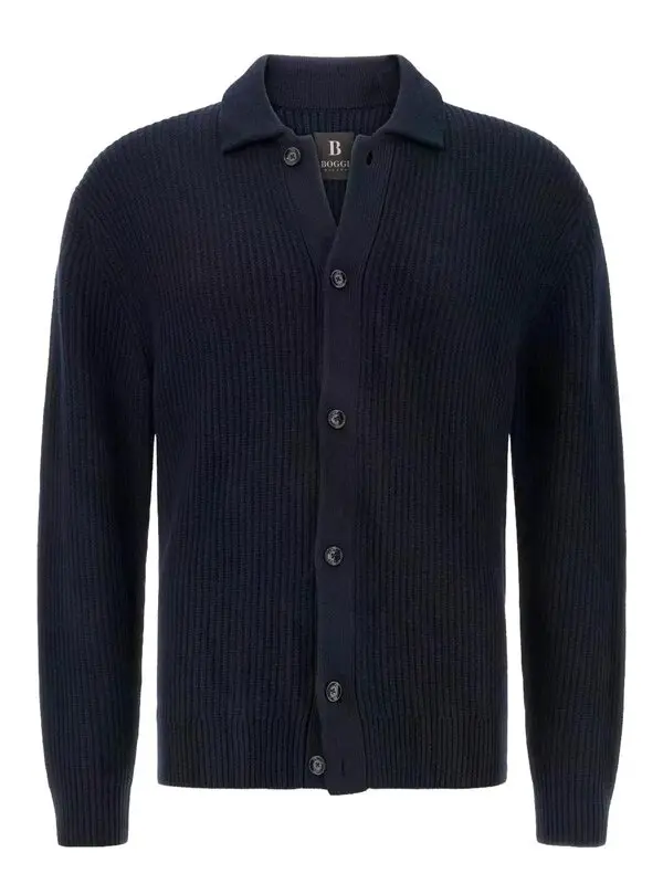 Boggi Milano Shirt-collar Merino Wool Cardigan - Blue