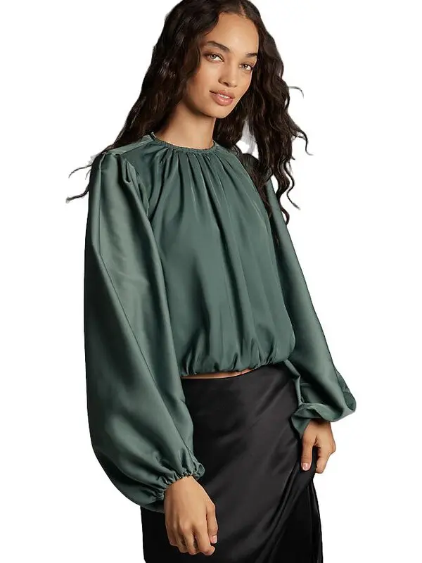 Anthropologie Cropped Puff-sleeve Bubble-hem Blouse - Dried Rosemary