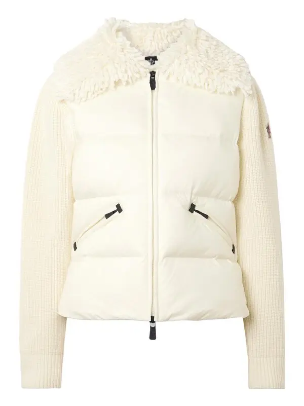 Moncler Fleece And Quilted Shell-paneled Ribbed Wool Cardigan - White