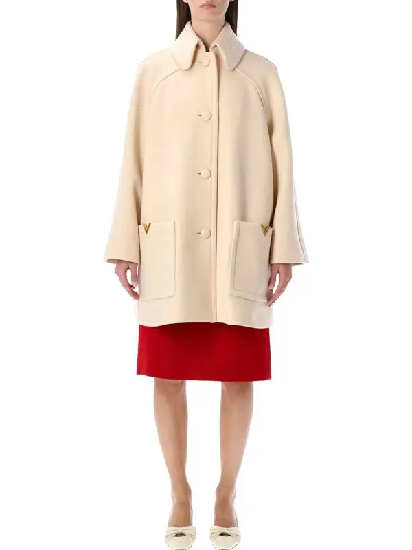 Valentino Garavani Wool Drap Pea Coat With V Gold Detail - Beige