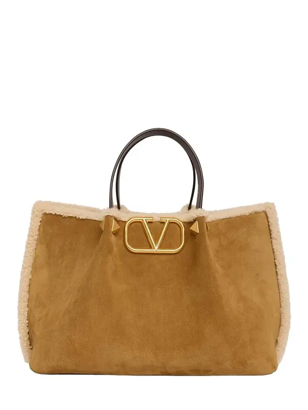 Valentino Garavani Suede Shopping Bag With Shearling Lining - Havana Beige