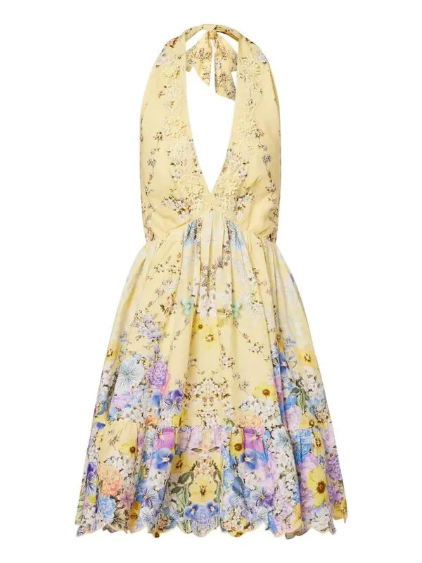 Camilla Embellished Floral Halterneck Linen Minidress - Yellow