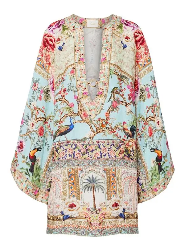 Camilla Embellished Printed Ring-detail Linen Kaftan - Multicoloured