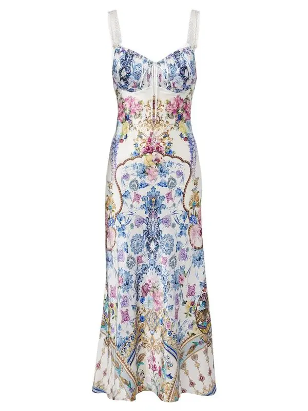Camilla Embellished Printed Silk Satin Midi Dress - White