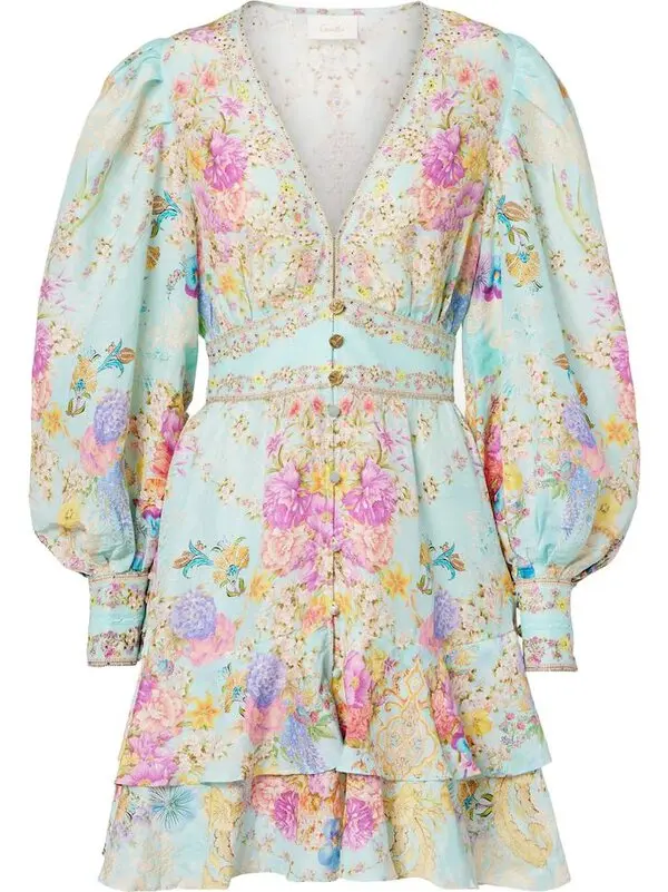 Camilla Embellished Floral Linen And Silk Minidress - Blue