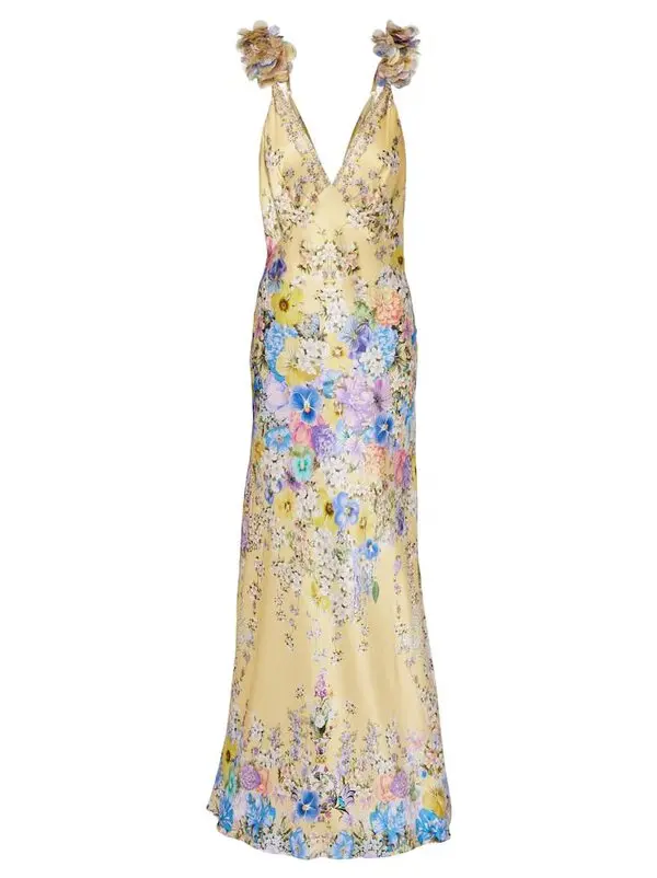 Camilla Embellished Floral Silk Satin Maxi Dress - Yellow