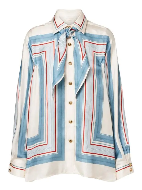 Zimmermann Striped Silk Shirt With Scarf Detail - Blue