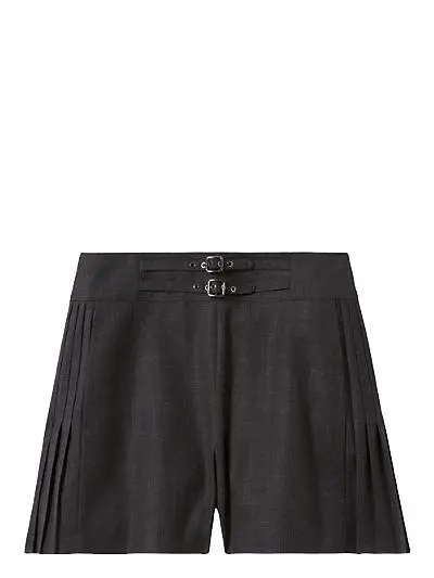 Claudie Pierlot Wide-leg Pleated Wool-blend Shorts With Buckle Detail - Gris Chine Fonce