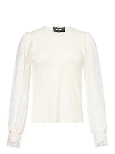 ME+EM Feature-cuff Round-neck Stretch-woven Blouse - Cream
