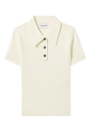Claudie Pierlot Short-sleeved Ribbed Knitted Polo Shirt - Ecru