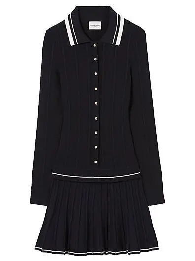 Claudie Pierlot Striped-trim Pleated Stretch-knit Mini Dress - Navy