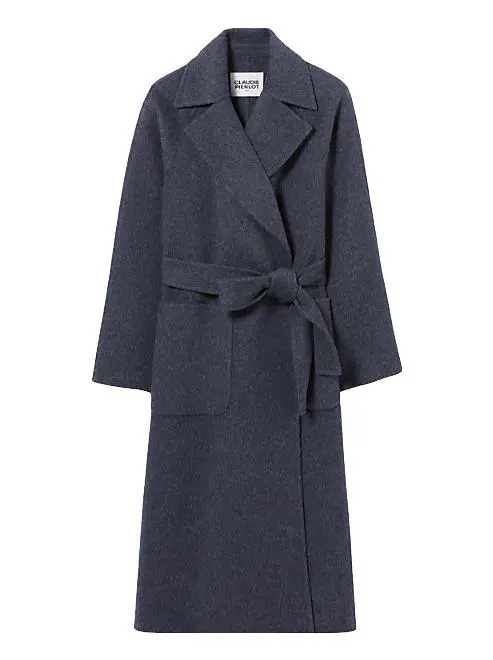 Claudie Pierlot Lapel-collar Belted Wool-blend Long Coat - Black Grey