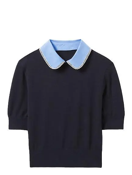Claudie Pierlot Detachable-collar Short-sleeved Knitted Top - Navy