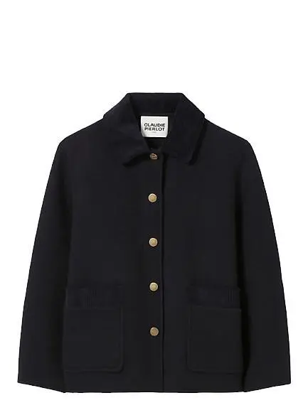 Claudie Pierlot Cropped Wool-blend Coat With Side-pockets - Navy
