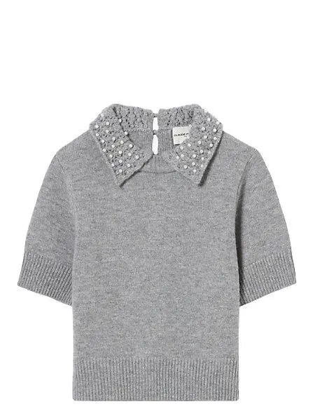 Claudie Pierlot Pearl-embellished Wool And Cashmere-blend Top - Mottled Grey