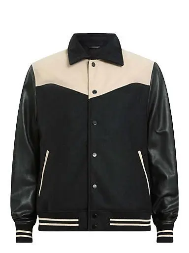 ALLSAINTS Endleton Contrast-panel Leather And Woven Bomber Jacket - Black/ecru Whi