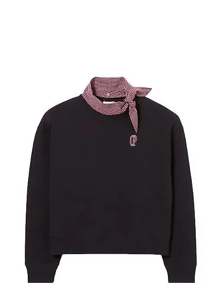 Claudie Pierlot Scarf-collar Brand-embroidered Cotton-blend Sweatshirt - Navy