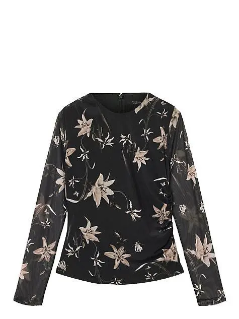 ALLSAINTS Caia Floral-print Stretch-mesh Top - Petra Sepia Br