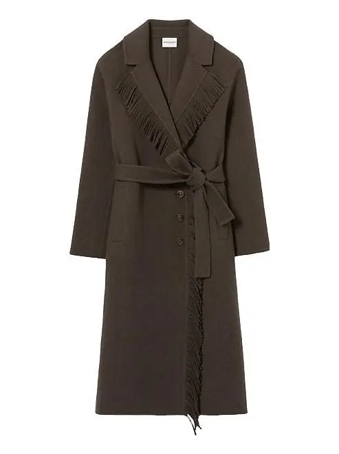 Claudie Pierlot Fringed Belted Wool-blend Coat - Khaki