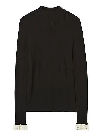 Claudie Pierlot Pointelle-knit Stretch Wool-blend Jumper With Polka-dot Cuffs - Black