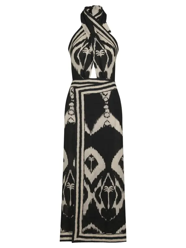 Johanna Ortiz Buen Viento Printed Linen Halterneck Midi Dress - Black