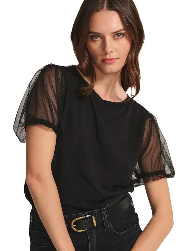 Velvet By Graham & Spencer Justine Cotton Slub Tee With Tulle Sleeves - Black