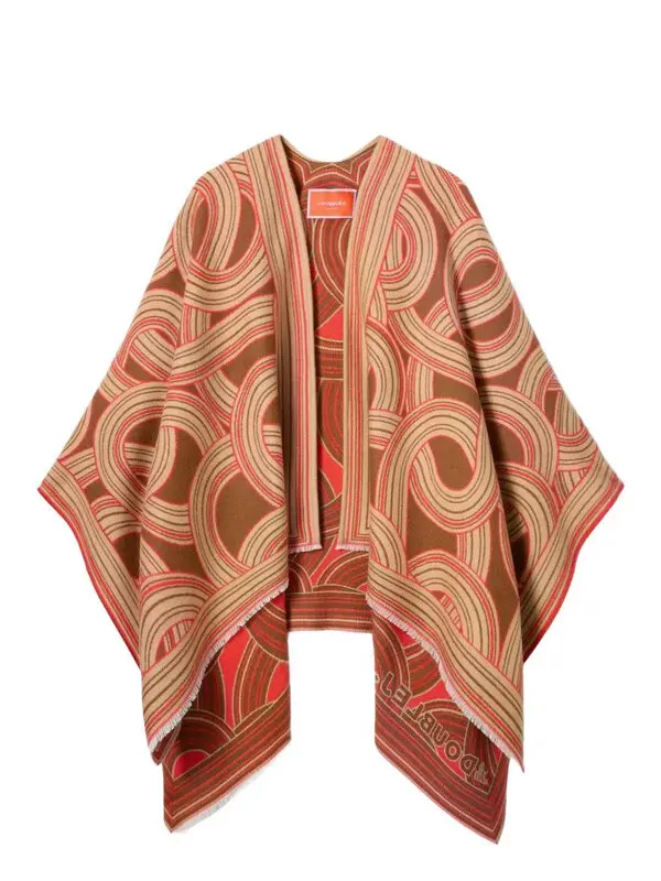 La DoubleJ Patterned Fringed Wool Poncho - Brown