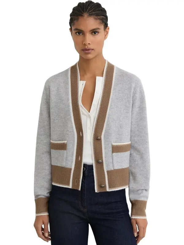 REISS Louisa Wool-cashmere Tipped Cardigan - Grey/neutral