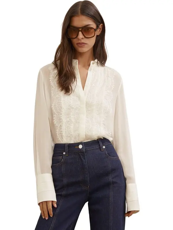 REISS Miranda Lace-trim Sheer Blouse - Cream
